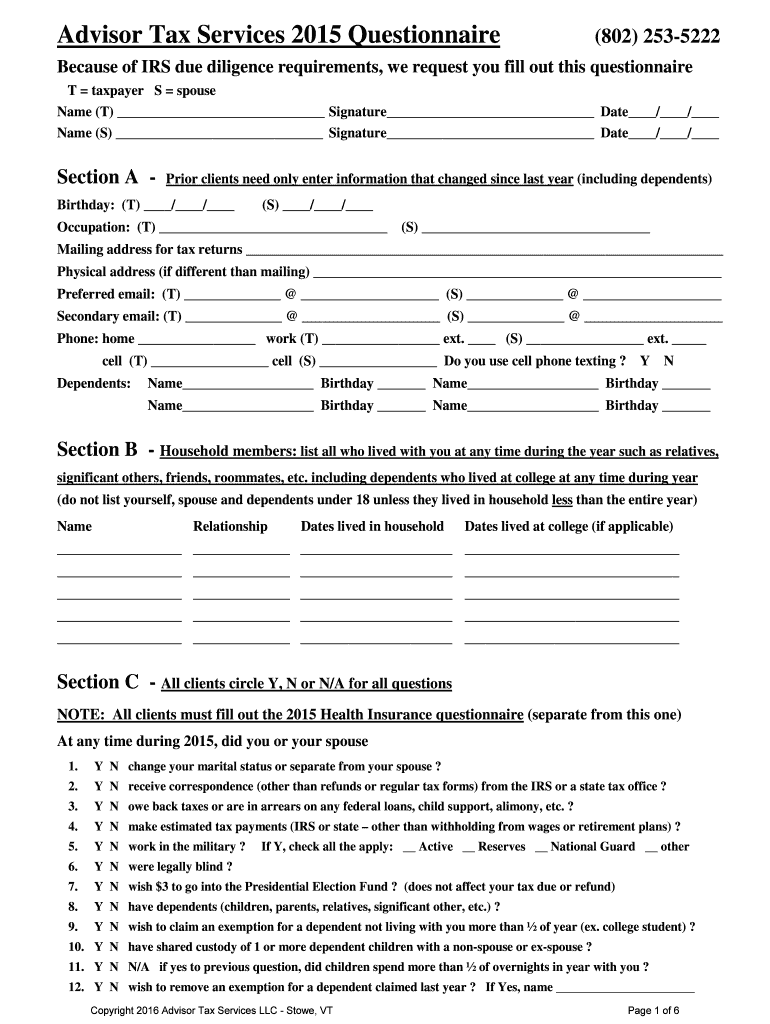 Fillable Online Advisor Tax Services 2015 Questionnaire (802) 2535222 ...