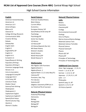 Fillable Online NCAA List of Approved Core Courses Form 48H Central Fax ...