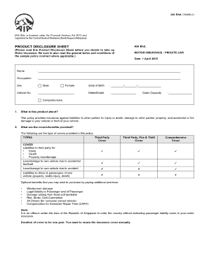 Fillable Online aia com PRODUCT DISCLOSURE SHEET AIA Bhd MOTOR ...
