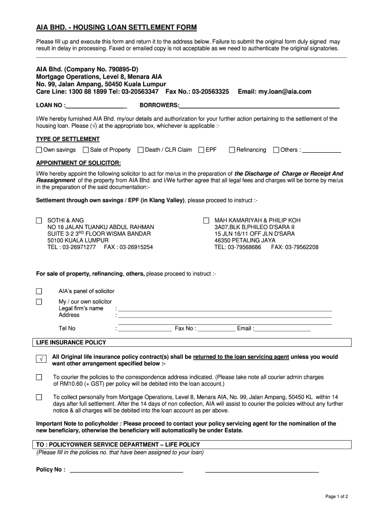 Fillable Online aia com AIA BHD - HOUSING LOAN SETTLEMENT FORM Fax ...