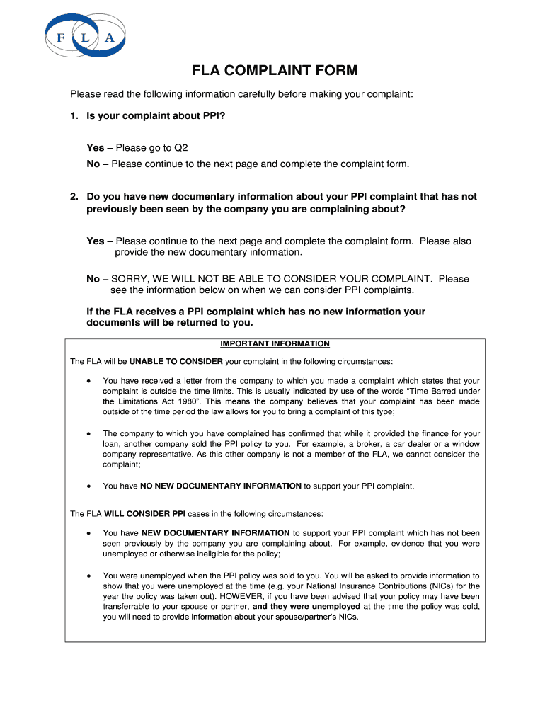 Fillable Online FLA COMPLAINT FORM Fax Email Print - pdfFiller