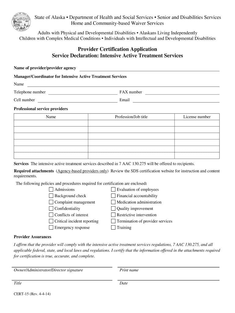 Fillable Online dhss alaska Provider Certification Application Service ...