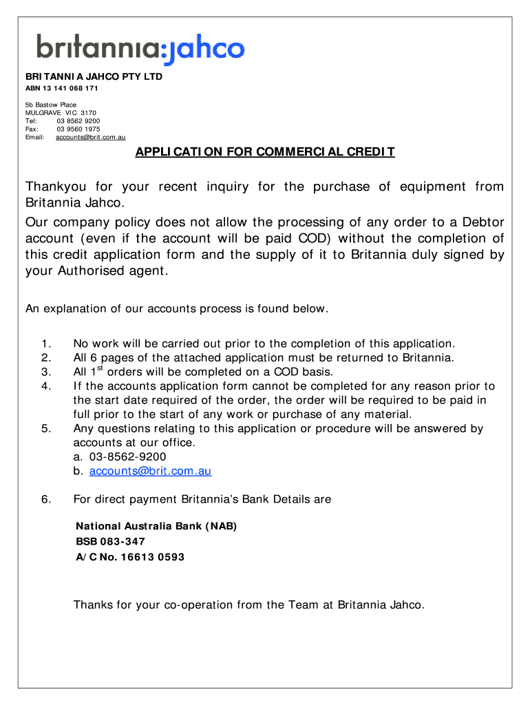 Fillable Online BRITANNIA JAHCO PTY LTD Fax Email Print - pdfFiller