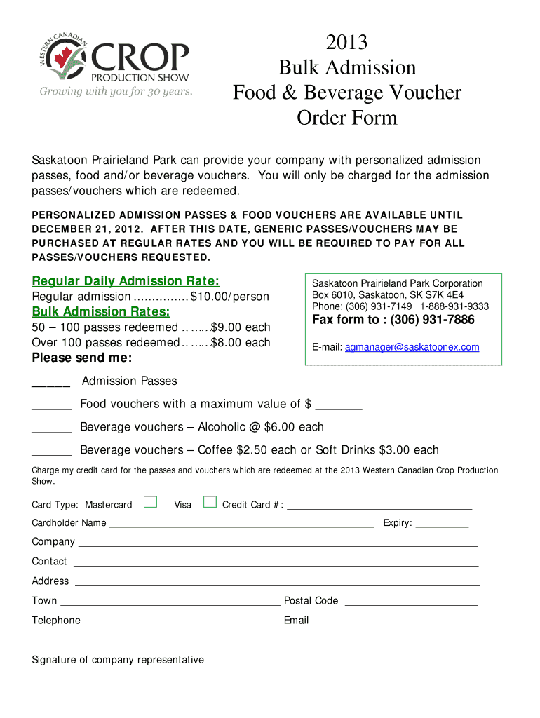 Fillable Online 2013 Bulk Admission Voucher Order FORMpdf Fax Email Print - pdfFiller