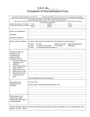 Fillable Online USD No Complaint of Discrimination Form - Ell-Saline ...