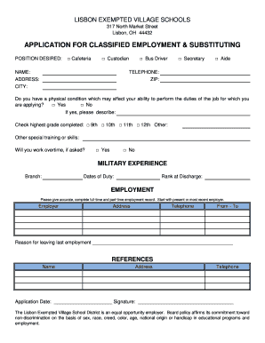 Fillable Online APPLICATION FOR CLASSIFIED EMPLOYMENT amp SUBSTITUTING ...