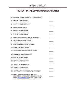 Fillable Online PATIENT INTAKE PAPERWORK CHECKLIST Fax Email Print ...