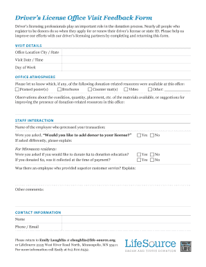 Fillable Online life-source Drivers License Office Visit Feedback Form ...