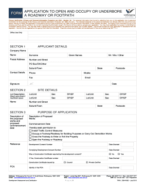 Fillable Online Application to Open and Occupy or Underbore a Roadway or Footpath Forms and Fact ...