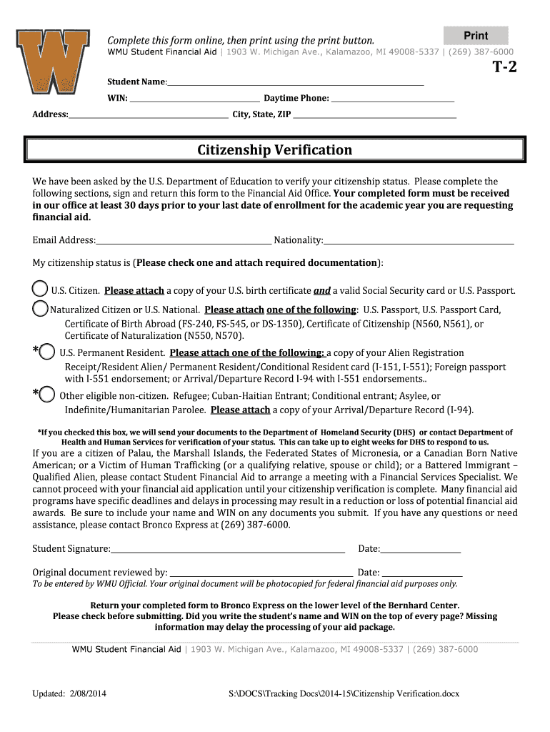 Fillable Online wmich T-2 - Western Michigan University Fax Email Print - pdfFiller
