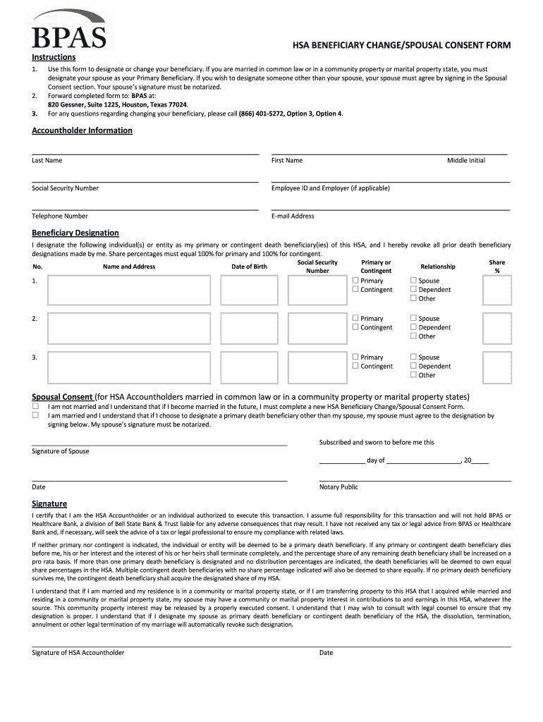 HSA Beneficiary Change/Spousal Consent Form - Blank Fillable Template ...