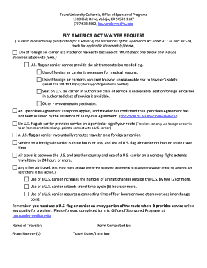 Fillable Online research tu Fly America Act Waiver Checklist - Touro ...