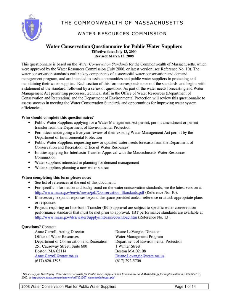 Fillable Online Water Conservation Questionnaire for Public Water ...