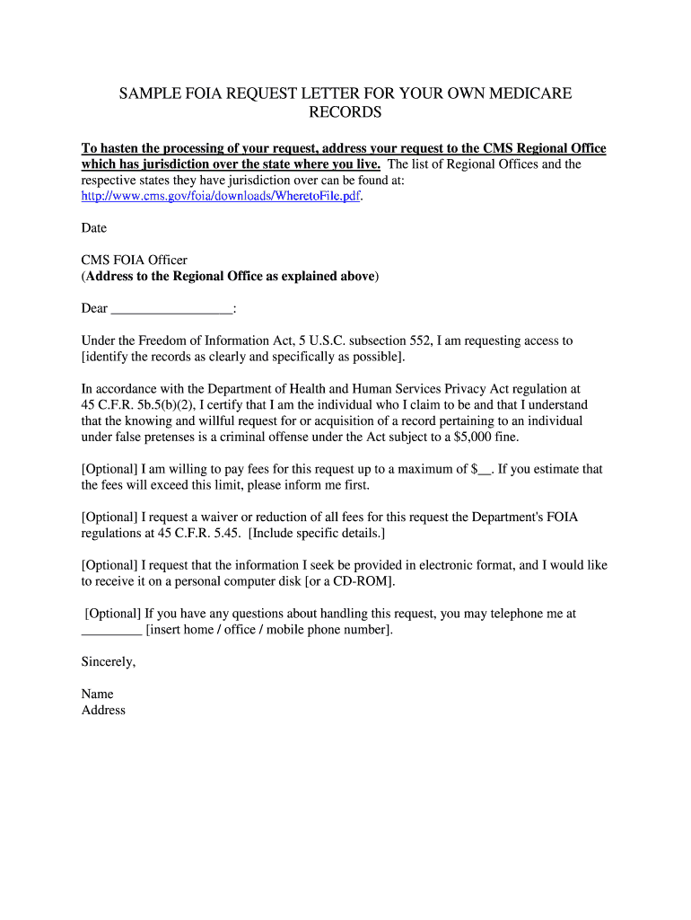 Fillable Online cms Sample foia request letter for byour ownb medicare ...