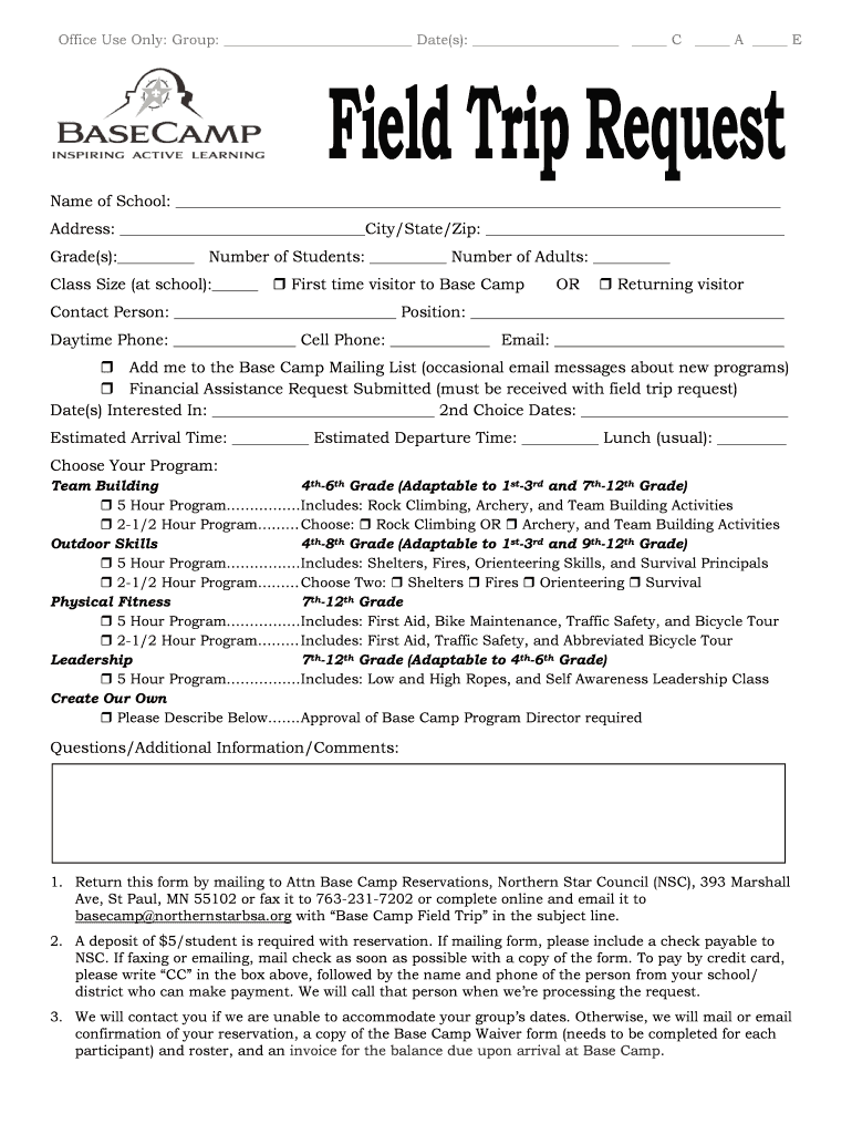Fillable Online Field Trip Request - explorebasecamporg Fax Email Print - pdfFiller