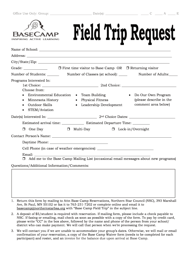 Fillable Online Field Trip Request Form - explorebasecamporg Fax Email Print - pdfFiller