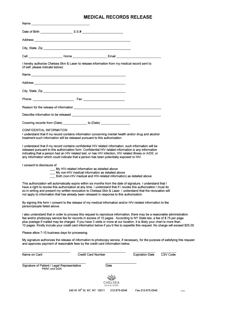 Fillable Online MEDICAL RECORDS RELEASE Name Date of Birth S Fax Email ...