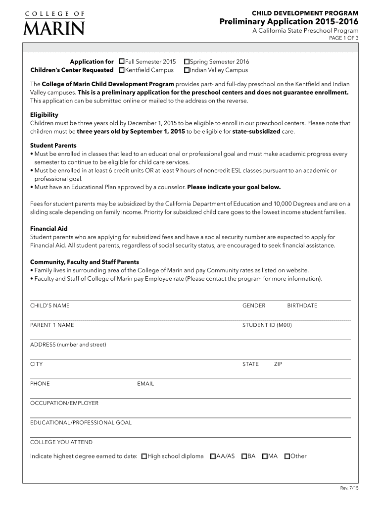 Fillable Online marin CHILD DEVELOPMENT PROGRAM Print Clear all fields Preliminary Application ...