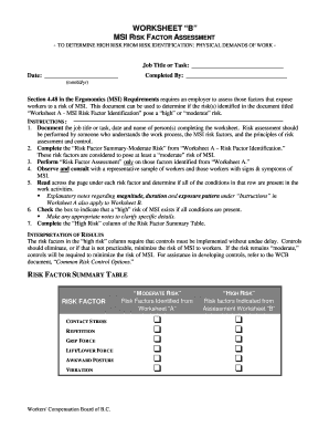 Fillable Online ergonomics healthandsafetycentre Worksheet B - MSI Risk ...