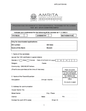 Fillable Online amrita APPLICATION FORM FOR ADMISSION TO 5 YEAR INTEGRATED MSc - amrita Fax ...