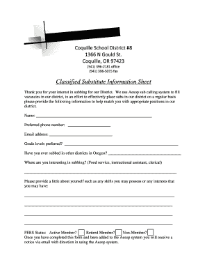 Fillable Online Classified Substitute Information Sheet Fax Email Print - pdfFiller