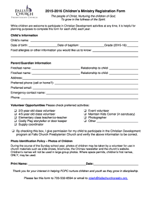 Fillable Online 20152016 Childrens Ministry Registration Form Fax Email ...