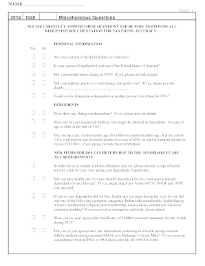 Fillable Online NAME: Page 1 ORGANIZER 2014 1040 US Miscellaneous ...