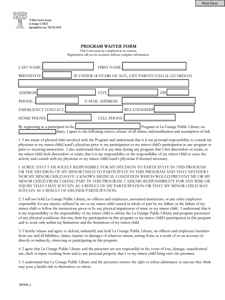 Fillable Online lagrangelibrary Program Waiver Form - La Grange Public ...