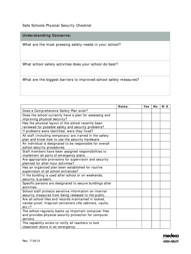 Fillable Online Safe Schools Physical Security Checklist Fax Email ...
