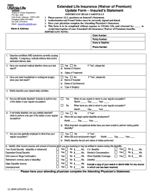 Fillable Online Extended Life Insurance Waiver of Premium Update Form ...