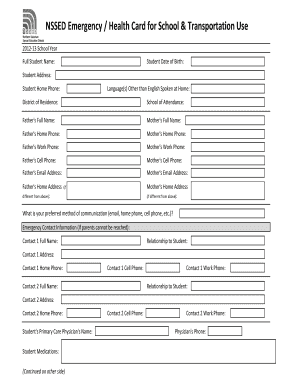 Fillable Online nssed NSSED Emergency Health Card for School ...
