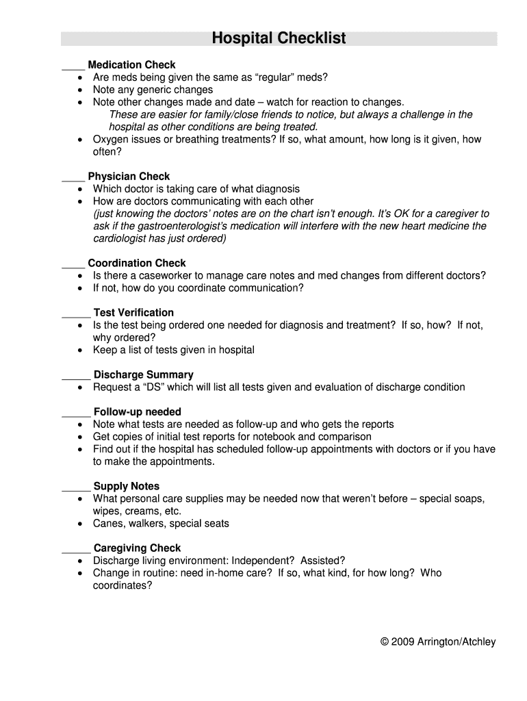 Fillable Online Hospital Checklist Fax Email Print - pdfFiller