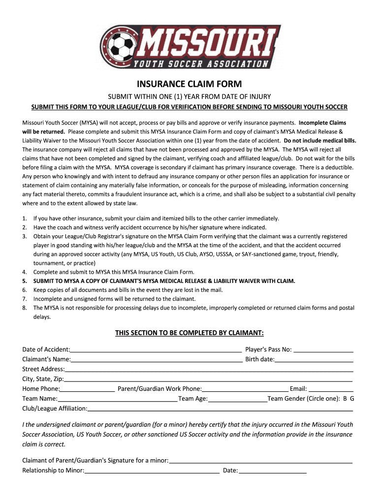 Fillable Online moyouthsoccer INSURANCE CLAIM FORM - moyouthsoccerorg ...