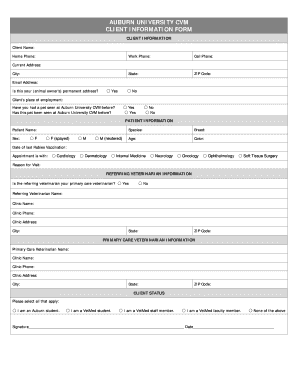 Fillable Online vetmed auburn AUBURN UNIVERSITY CVM CLIENT INFORMATION ...
