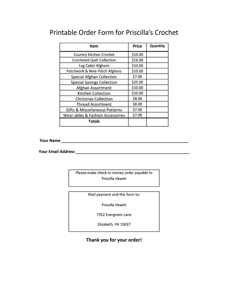 Fillable Online Printable Order Form - priscillascrochetnet Fax Email Print - pdfFiller