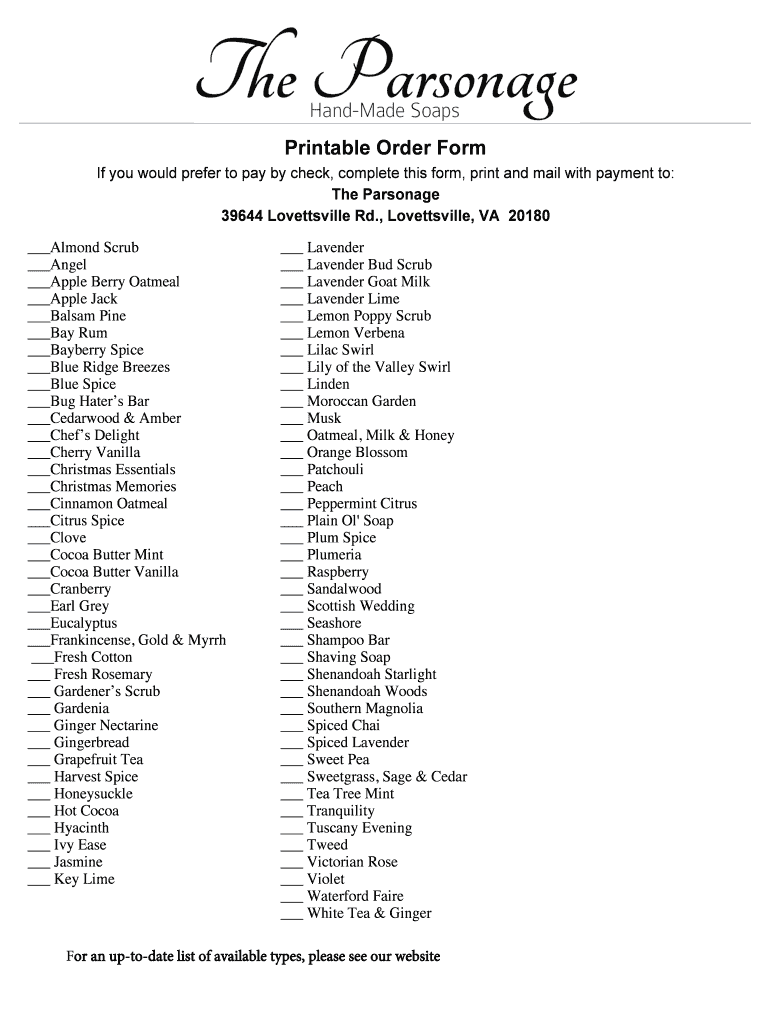 Fillable Online Printable Order Form - The Parsonage Handmade Soap Fax ...