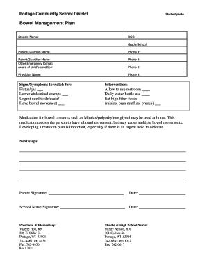 Fillable Online portage k12 wi Bowel Management Plan 82011doc - portage ...