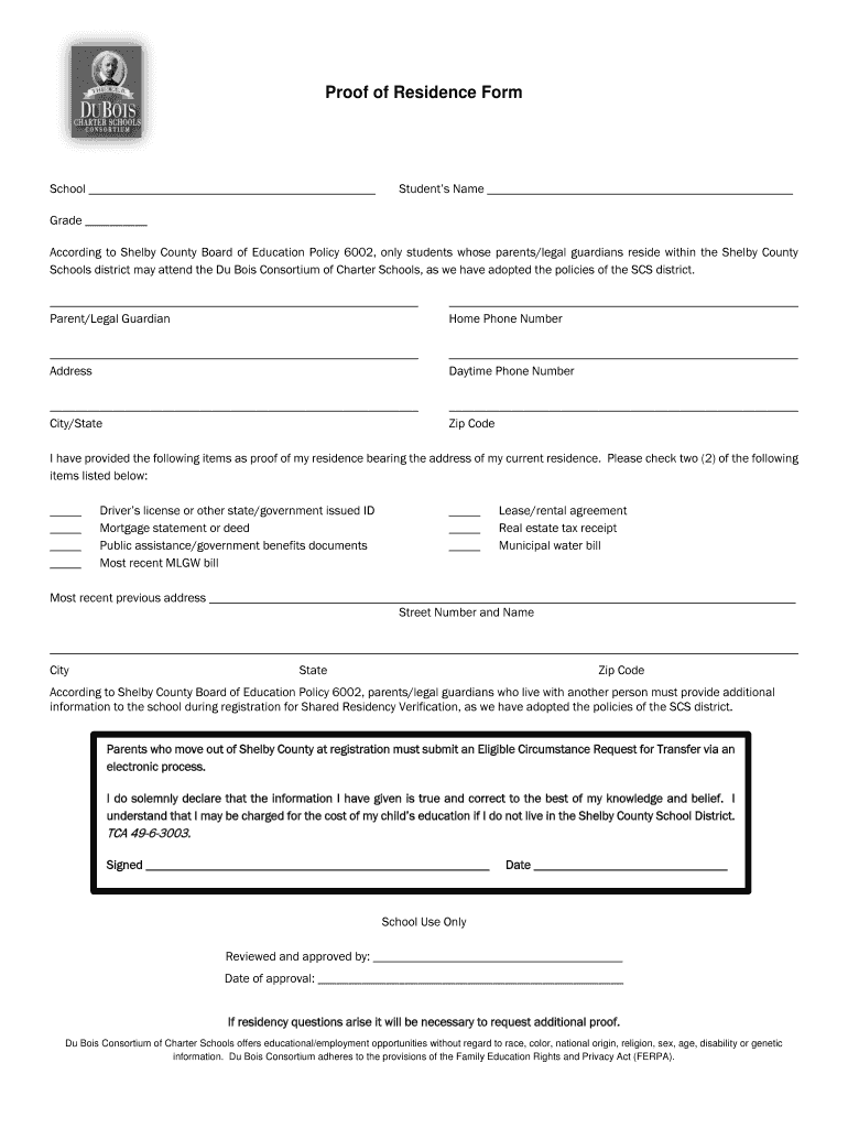 Fillable Online Proof of Residence Form School Students Name Grade ...