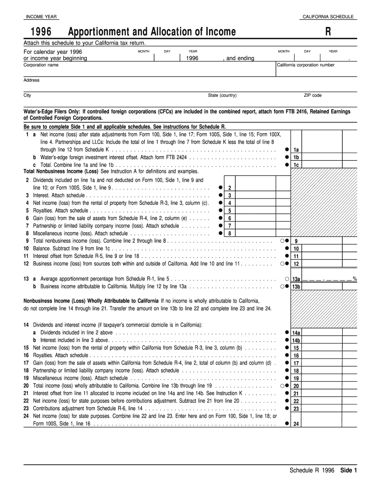 Fillable Online INCOME YEAR 1996 CALIFORNIA SCHEDULE Apportionment and ...