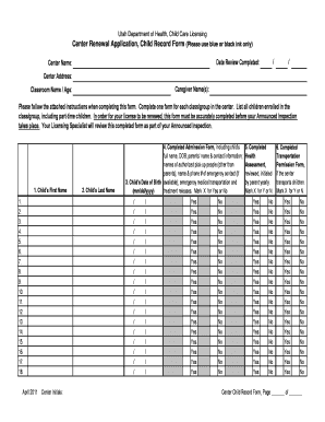 Fillable Online health utah Center Child Record Form - Utah Department ...