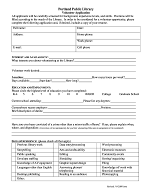 Fillable Online Portland Public Library Volunteer Application All ...