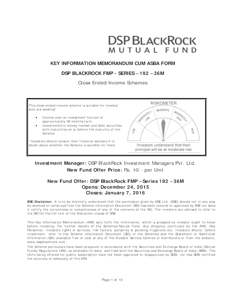 Fillable Online KIM Cum ASBA Form-DSP BlackRock FMP - Series 192 - 36M Fax Email Print - pdfFiller