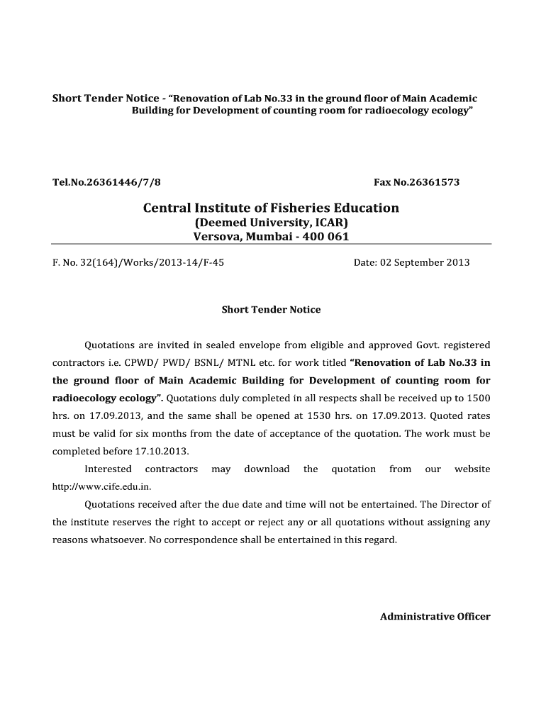 Fillable Online cife edu Short Tender Notice Renovation of Lab No Fax ...