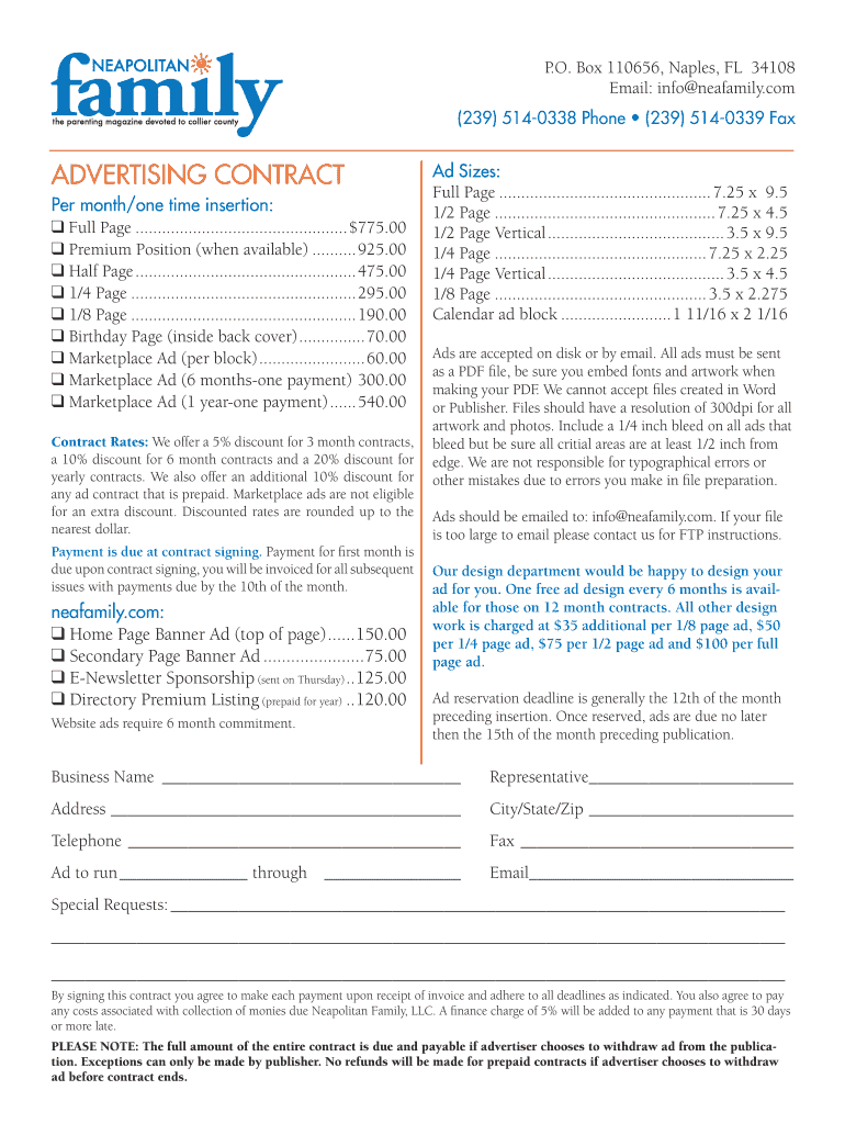 Fillable Online ADVERTISING CONTRACT Ad Sizes - neafamilycom Fax Email Print - pdfFiller