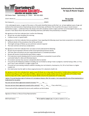Fillable Online spartanburghumane Authorization for Anesthesia for Spay ...