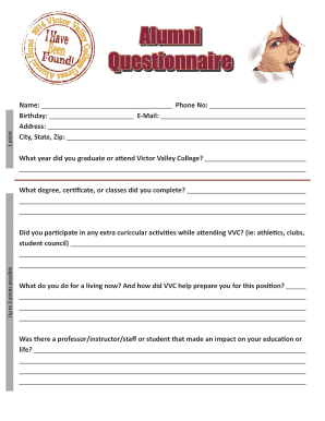 Fillable Online Alumni Questionnaire - Victor Valley College Foundation ...