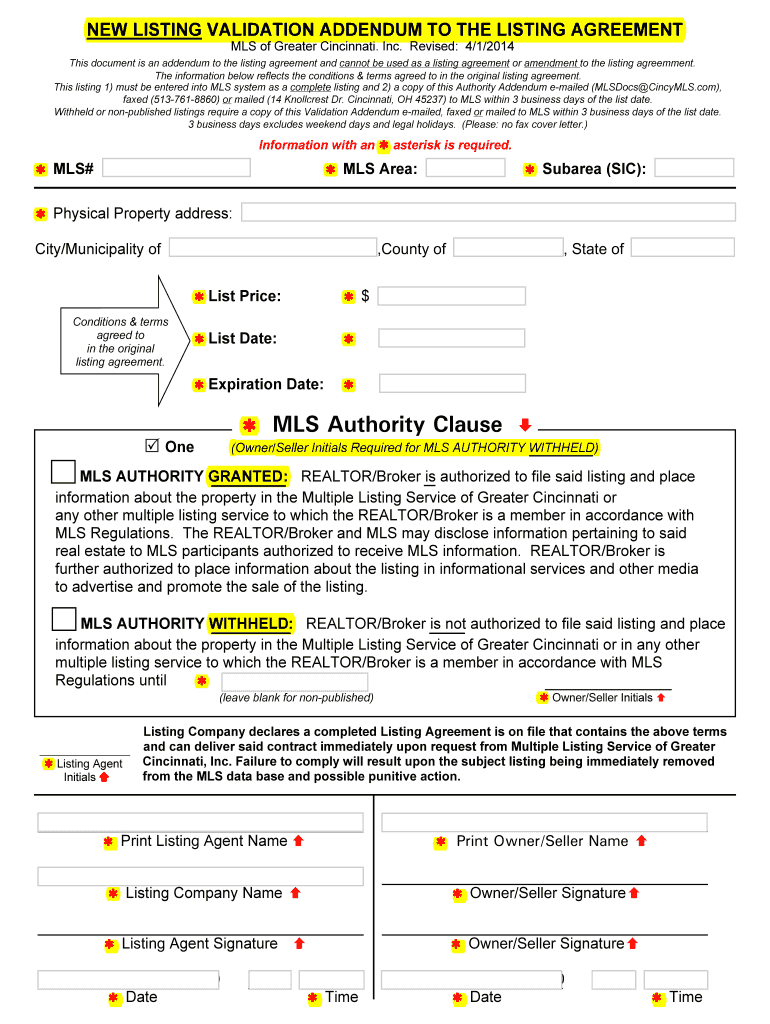 Fillable Online NEW LISTING VALIDATION ADDENDUM TO THE LISTING ...