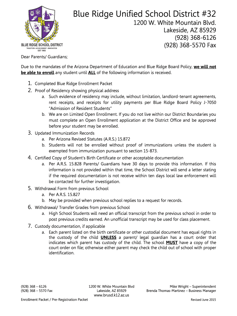 Fillable Online Blue Ridge Unified School District #32 1200 W Fax Email ...