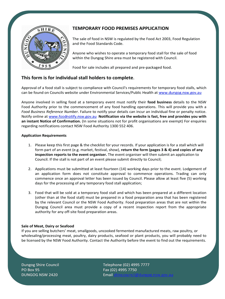 Fillable Online dungog nsw gov Temporary Food Premises Application Form ...