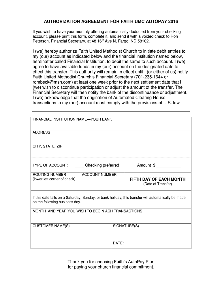 Fillable Online AUTHORIZATION AGREEMENT FOR ACH TRANSACTIONS Fax Email Print - pdfFiller